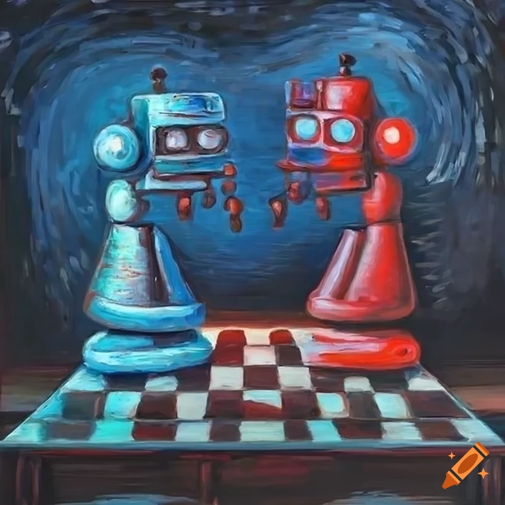Artistic red and blue robots playing chess on a surreal starry night ...