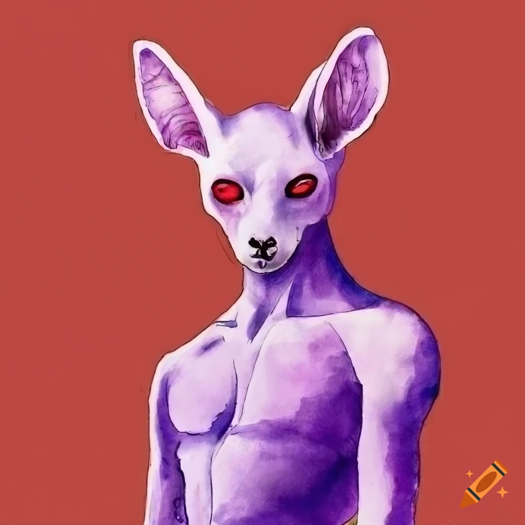 Tall thin hairless humanoid with white skin, red eyes, and long tail ...