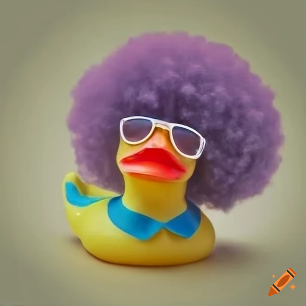 Rubber duck dressed for disco with big collar shirt and afro on Craiyon