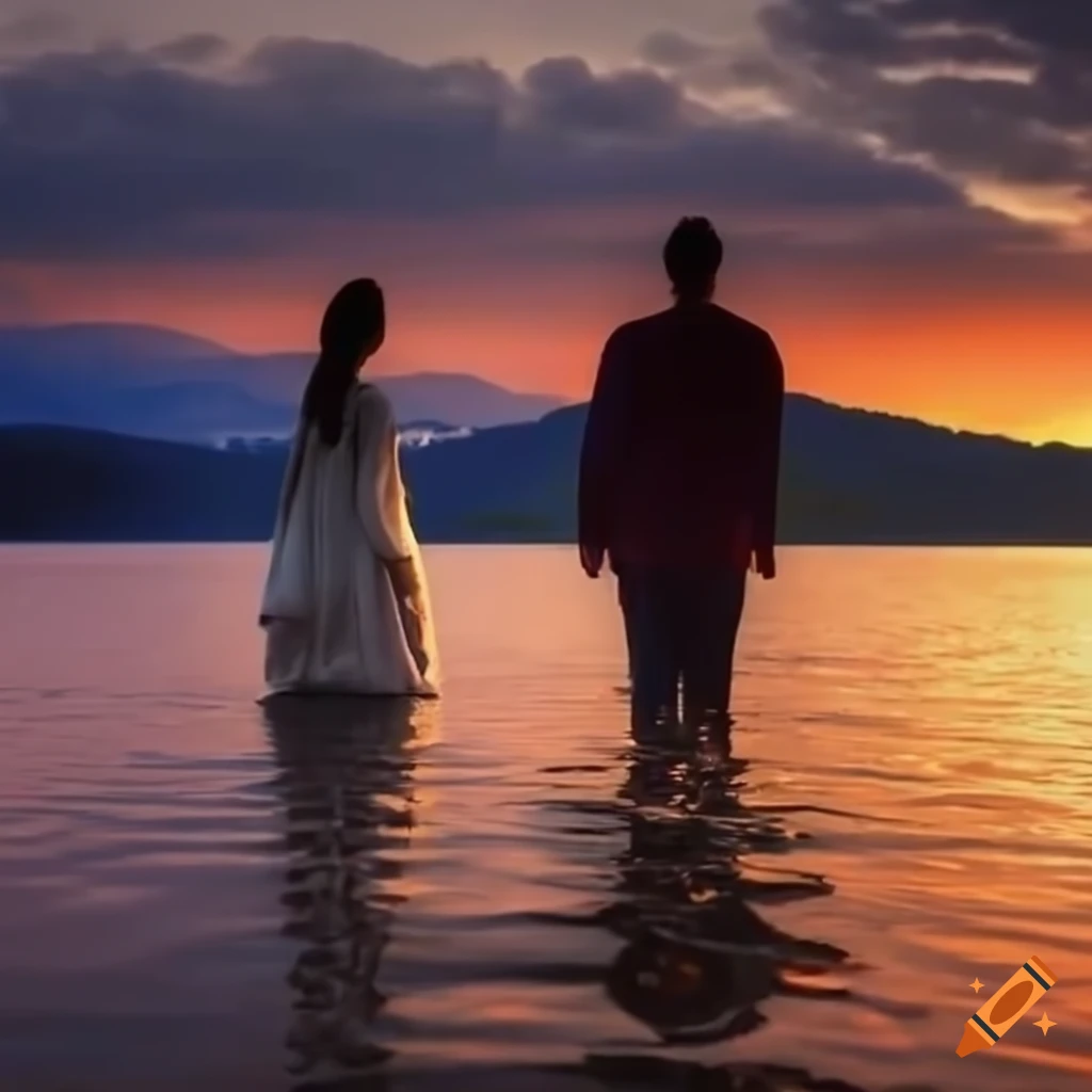 Heartfelt farewell scene by the serene lake shore on Craiyon