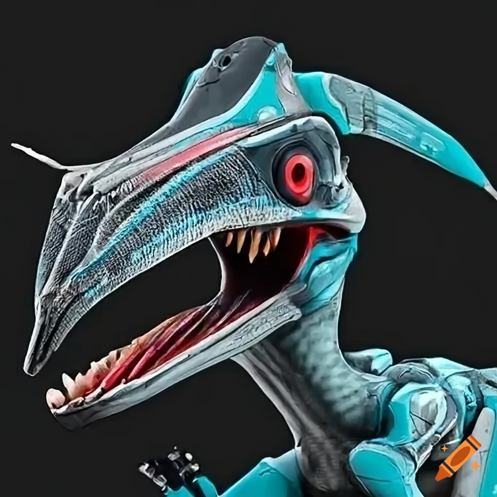 Screaming cyborg pteronodon with red eyes and teeth in electronic ...