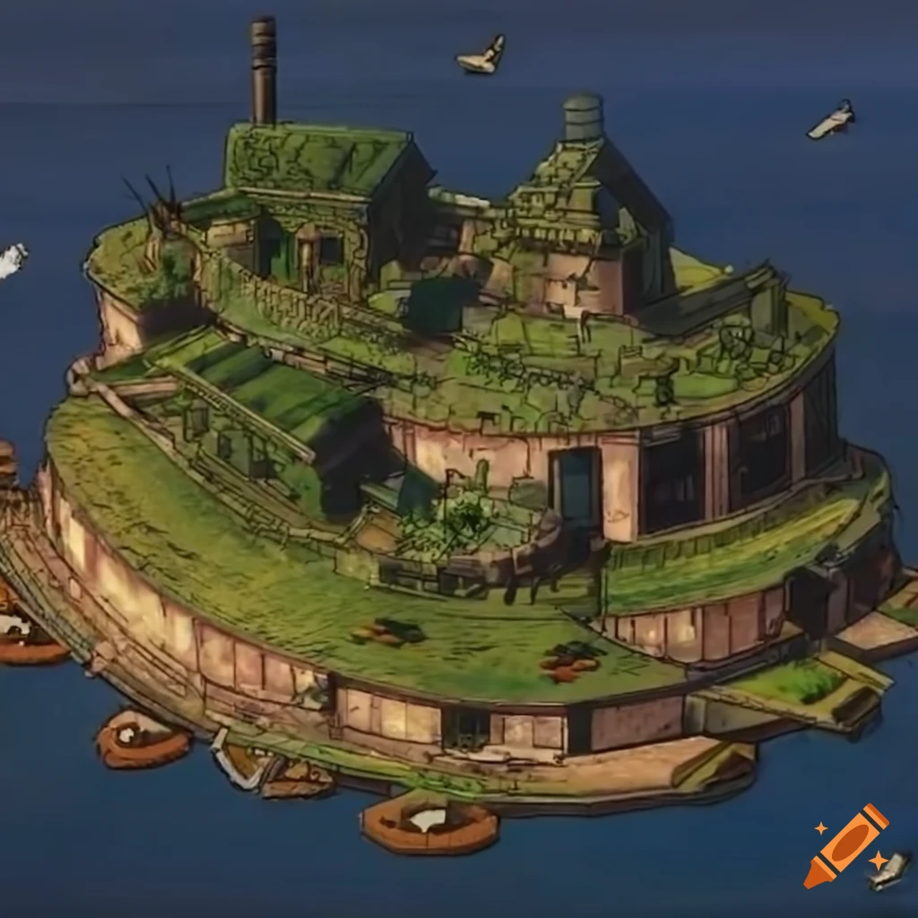 Military walled base on a floating island with XX century ...