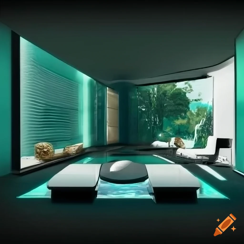 Futuristic living room interior with frutiger aero styling and vibrant ...