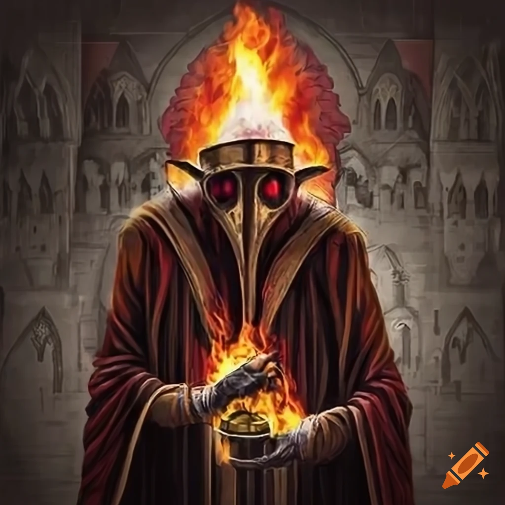 Physician in historical clothing with a fiery plague burner amidst ...