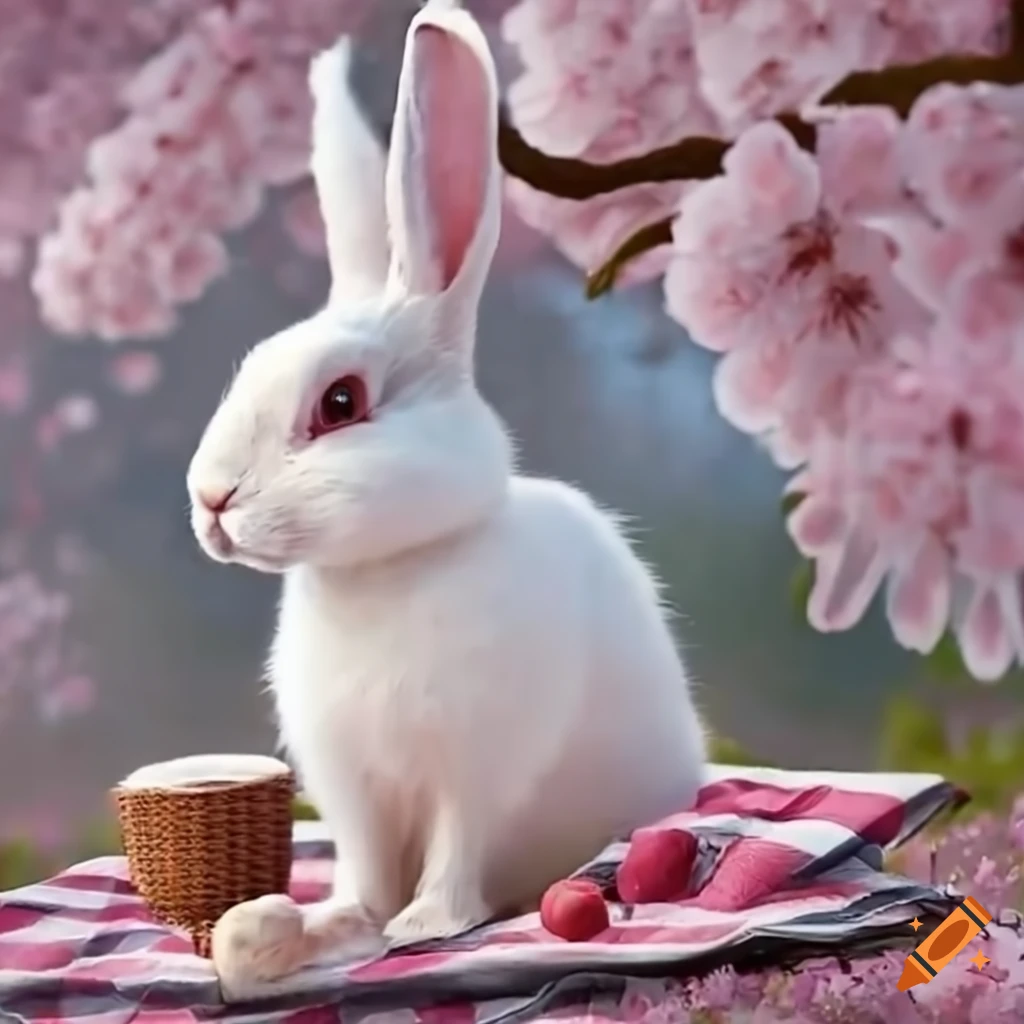White rabbits having a picnic under sakura blooms on Craiyon