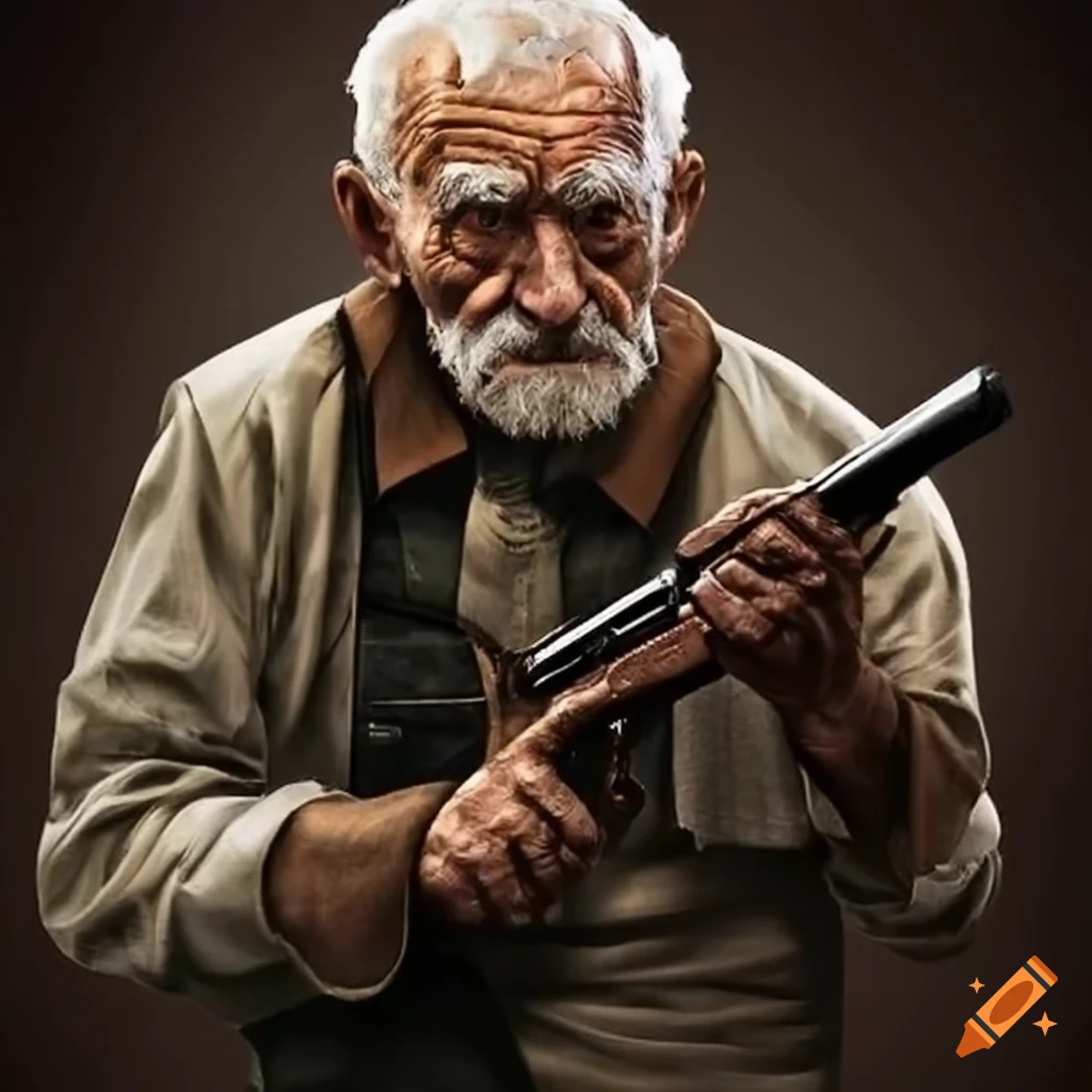 An elderly man holding a gun on Craiyon