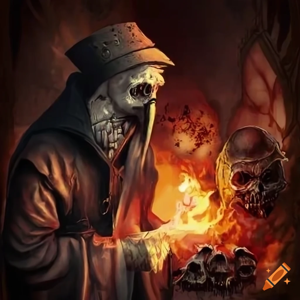Physician in historical clothing with fiery plague burner amidst ...
