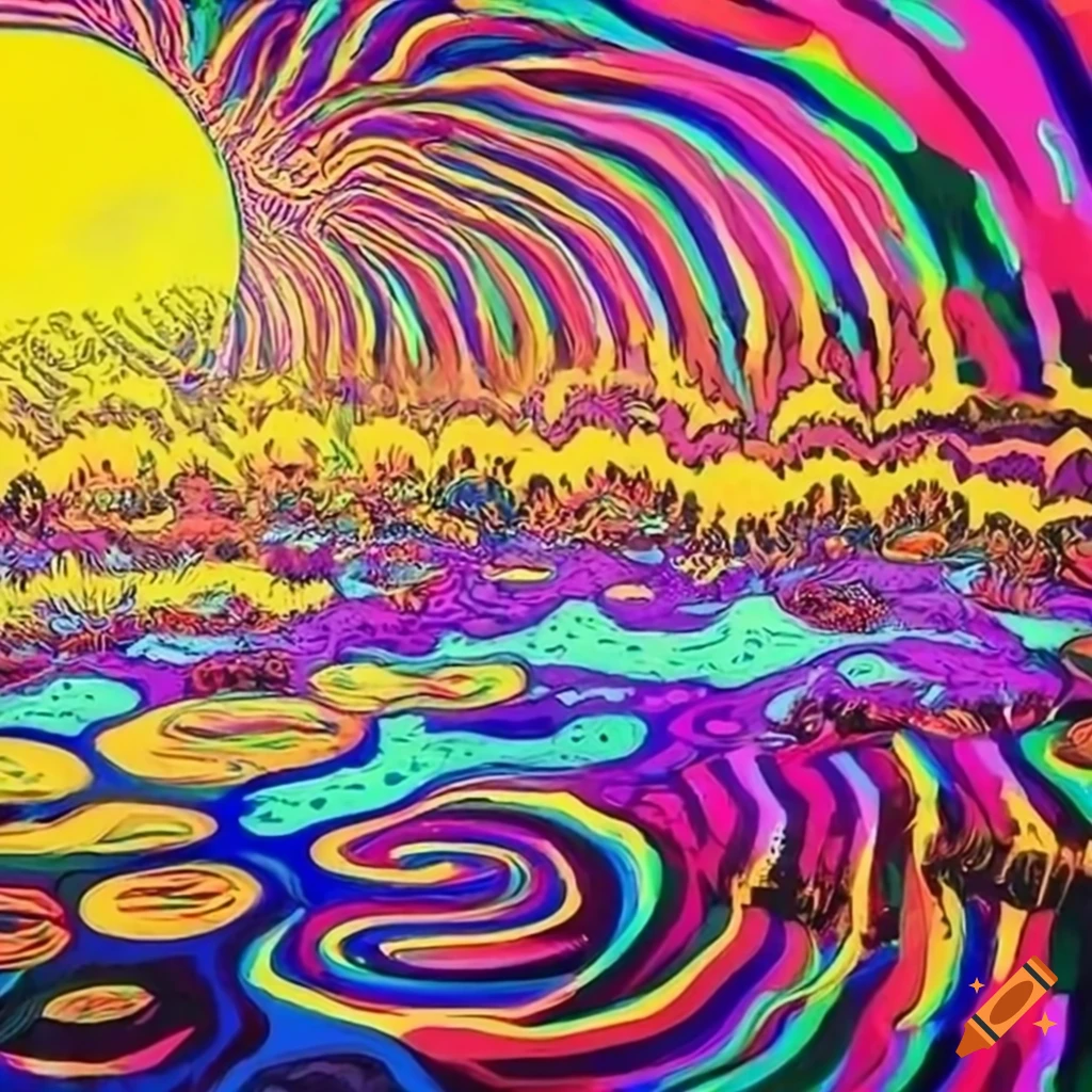 Trippy river flowing through a sun-filled field in a psychedelic ...