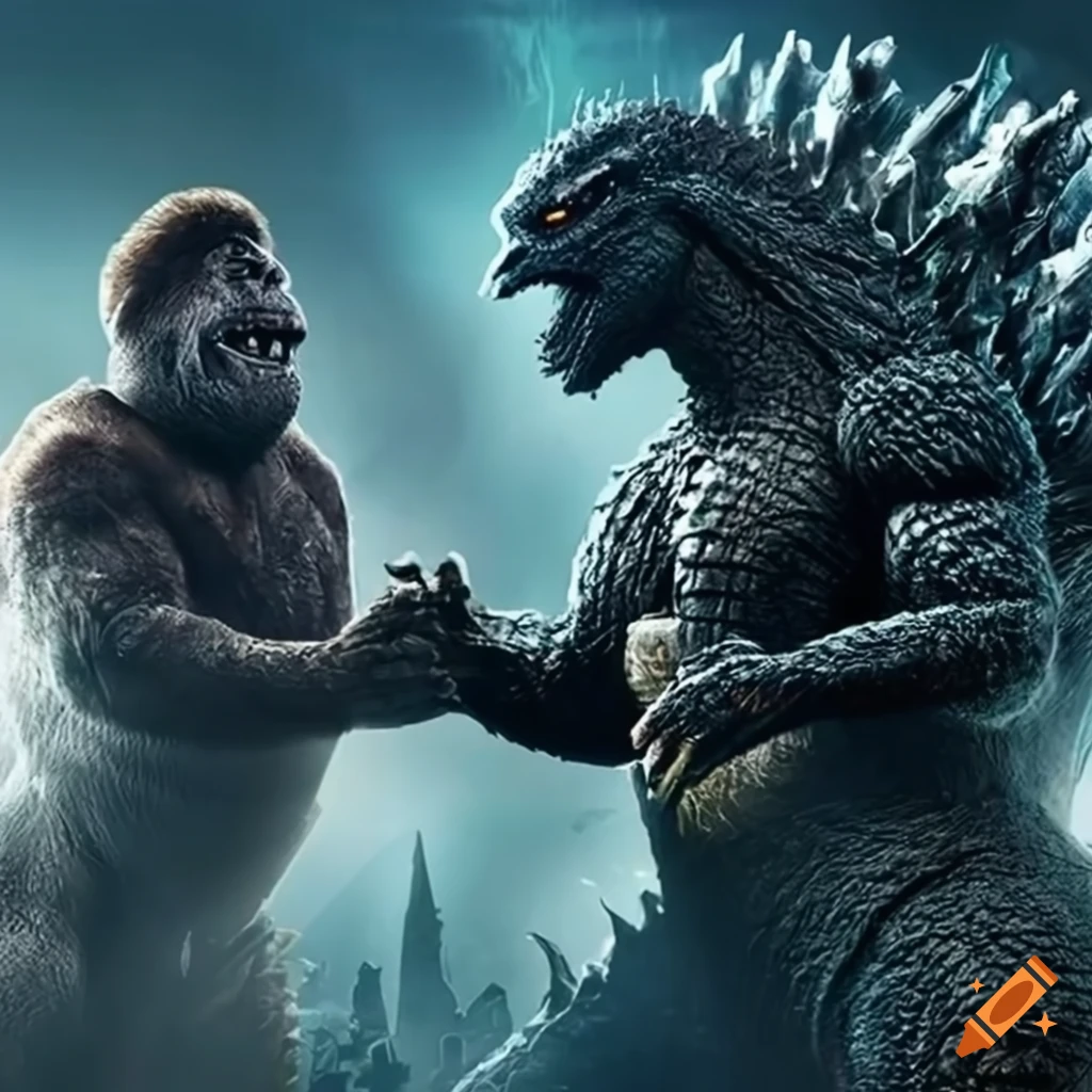 Godzilla and kong shaking hands in a movie poster on Craiyon