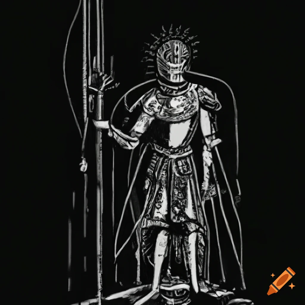 Knight in armor with longsword in intricate black and white art on Craiyon