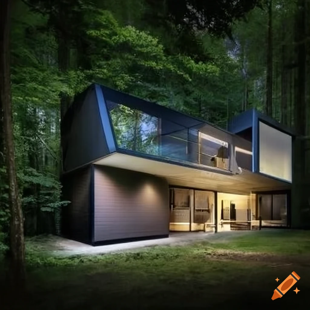 High-tech house in a forest setting on Craiyon