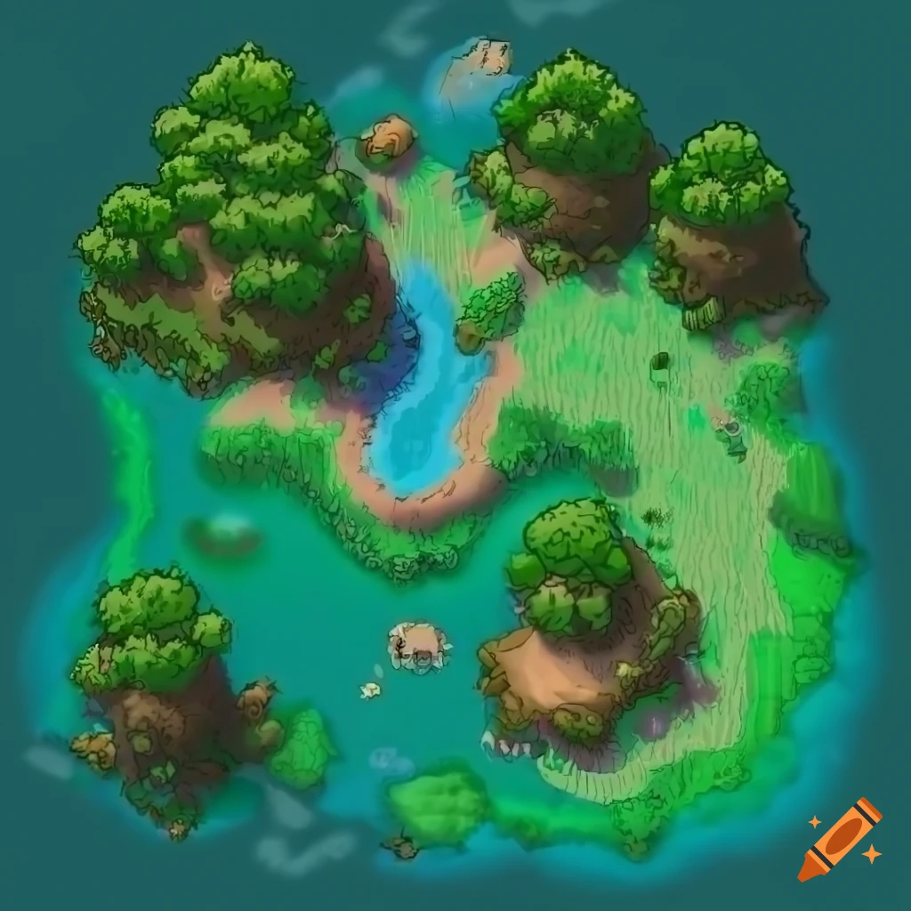 Rpg maker world map with top-down view of a wilderness area on Craiyon