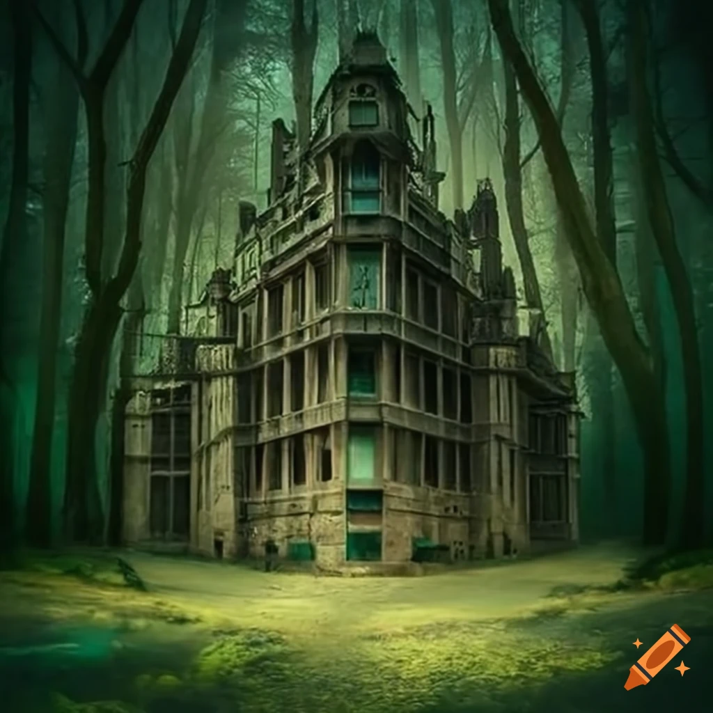 Huge old building integrated into a forest in bright midday light on ...