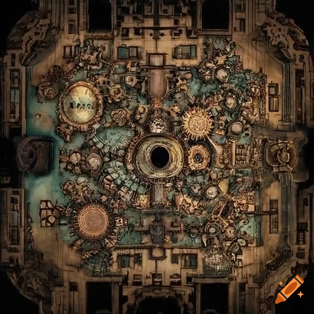 Epic steampunk city map with intricate gears and bustling factories on ...