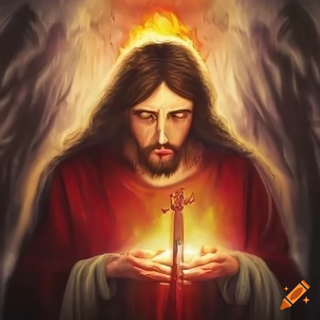 Emotional fantasy art of jesus crying tears of flames on Craiyon
