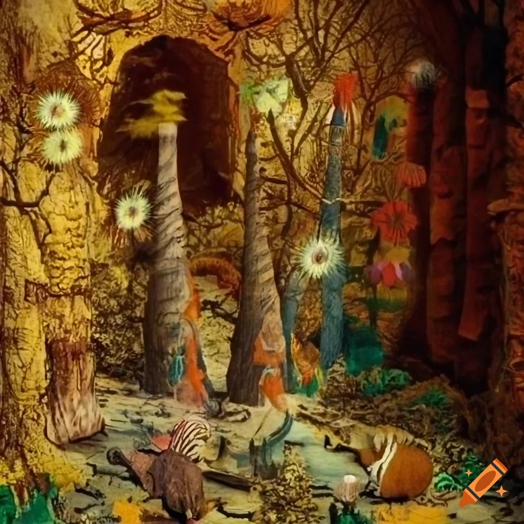 Closeup of joseph cornell inspired magical forest diorama with salish motifs on Craiyon