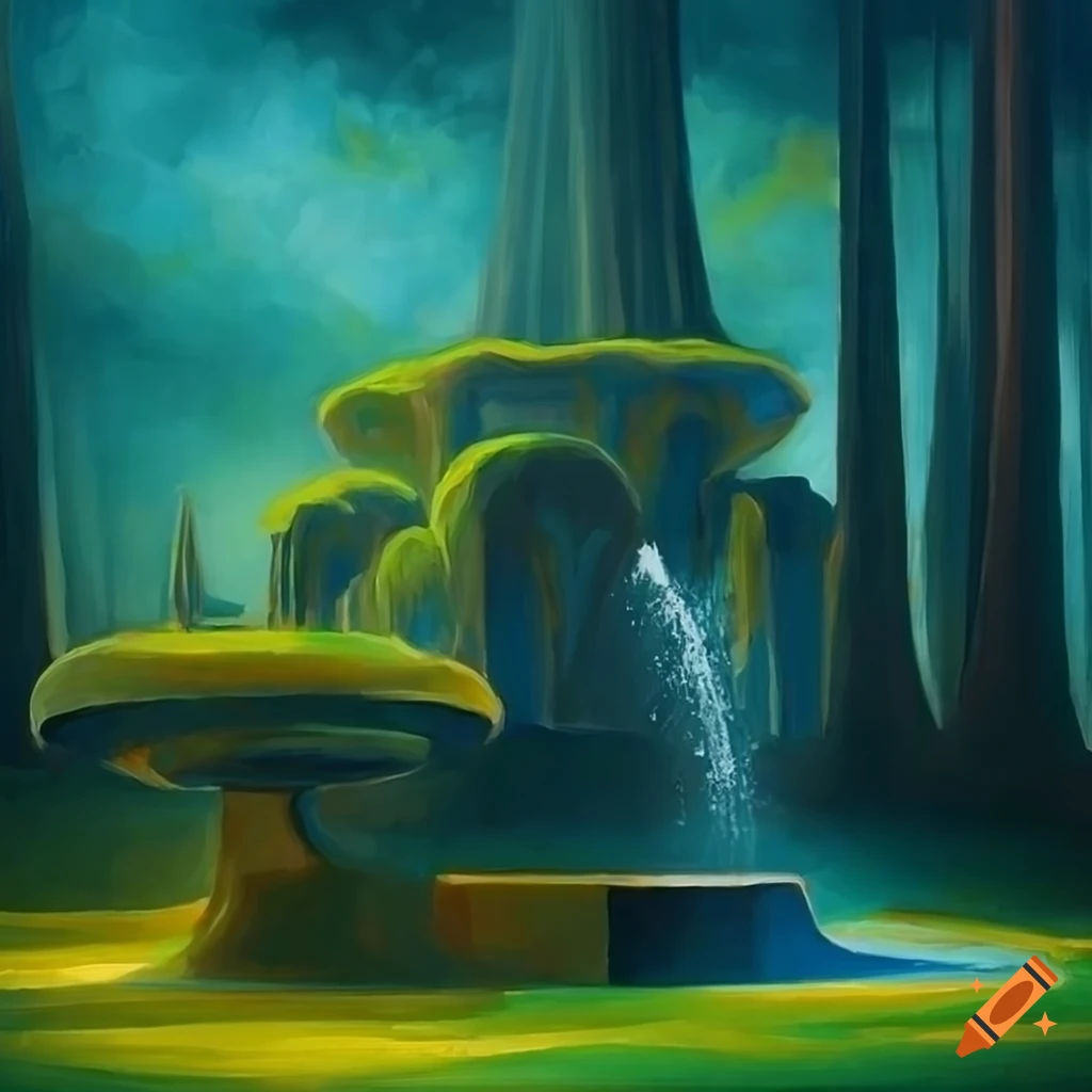 Stylistic future forest with cut trees, spraying fountain, and ...