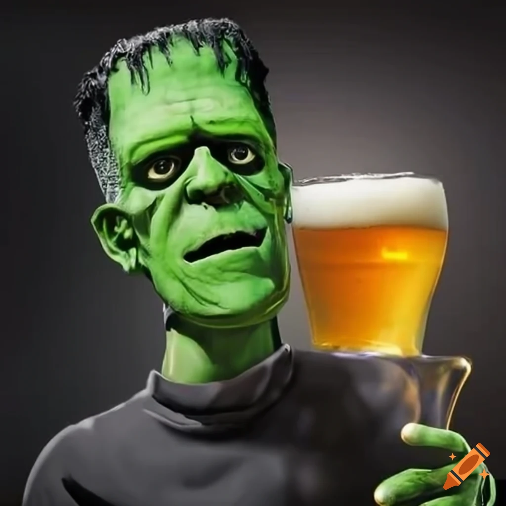 Frankenstein enjoying a beer at a pub on Craiyon