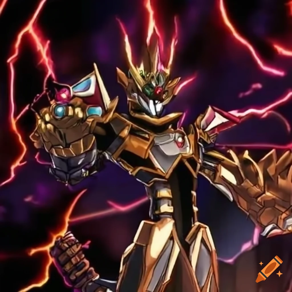 Yugioh masked machine monster launching lightning bolts on Craiyon