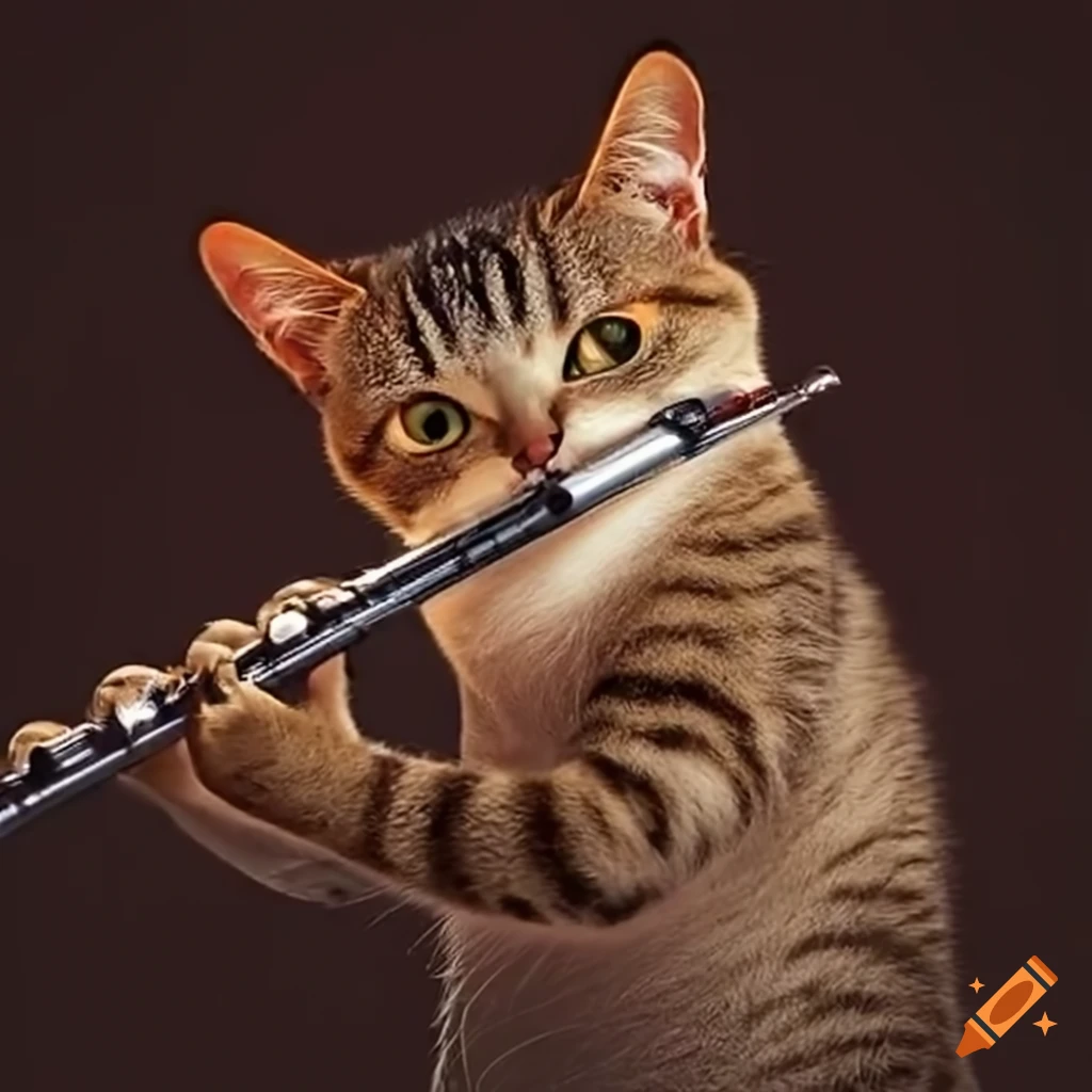 Cat playing flute with musical band in the background on Craiyon
