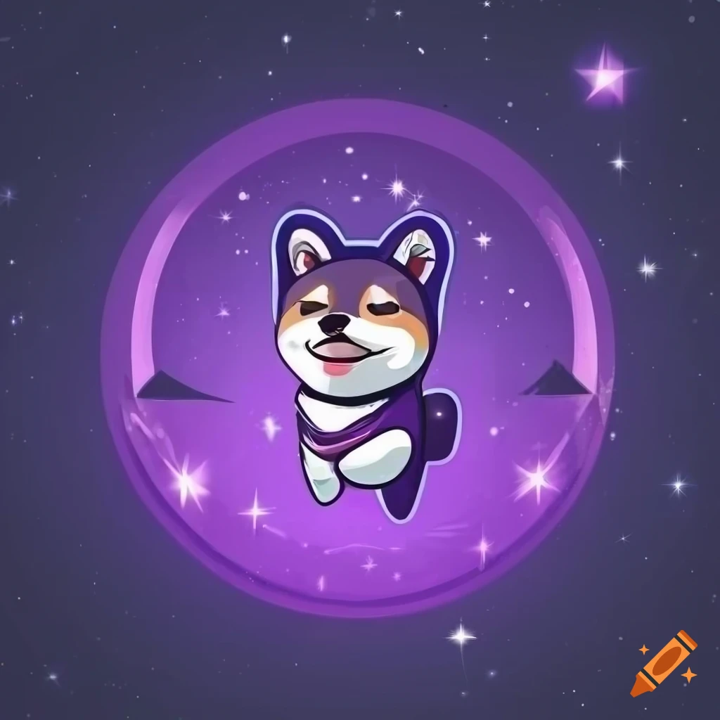 Purple shiba inu logo against a starry space background on Craiyon
