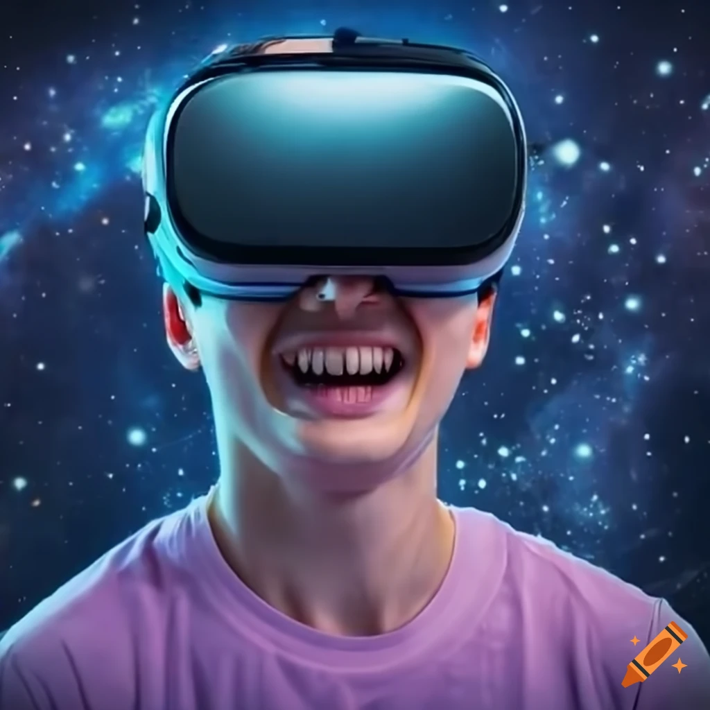 Person wearing vr headset in space on Craiyon