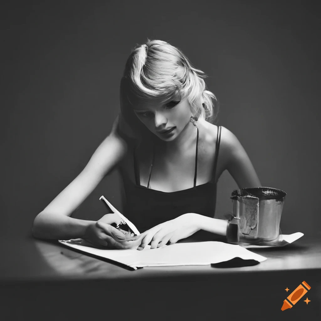 Taylor swift writing a manuscript in a black and white room on Craiyon