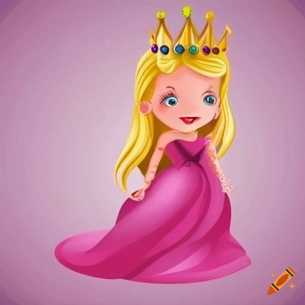Cartoon Happy Blonde Princess In Pink Dress With Crown On Craiyon