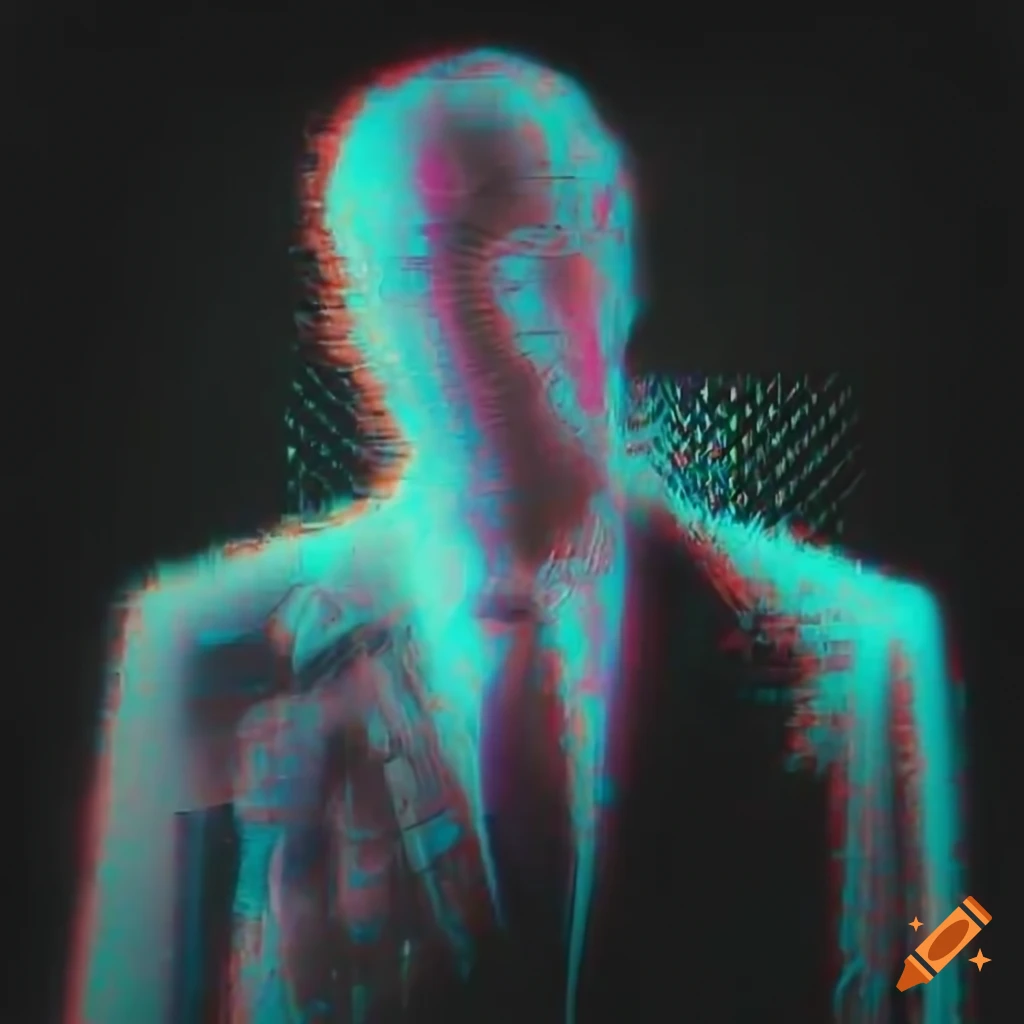 Retro hologram portrait of a person in vintage attire with double ...