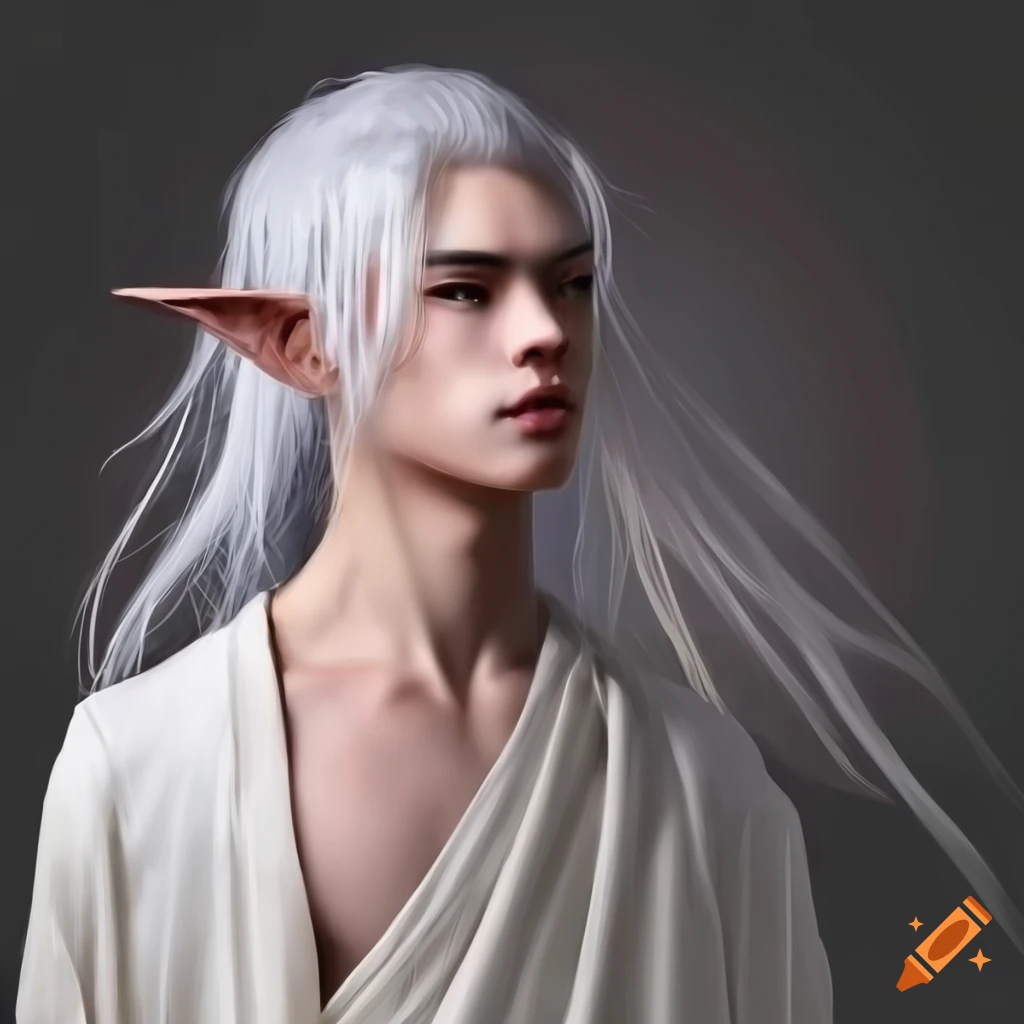 Japanese male elf model with gold eyes and long white hair in white ...