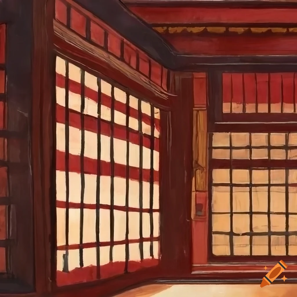 Red ink and wash painting of an oriental dojo interior on Craiyon