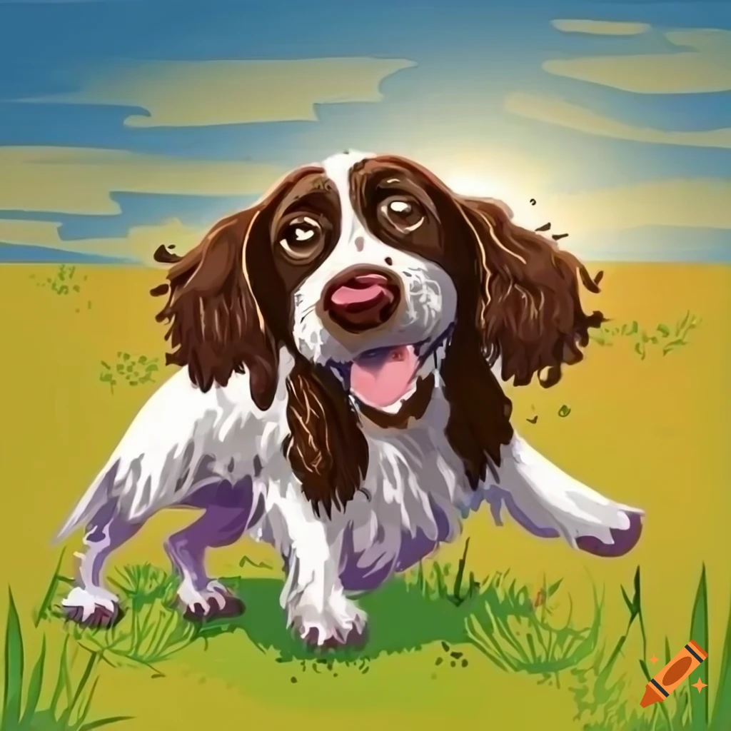 Happy springer spaniel playing in a field in a realistic cartoon style ...