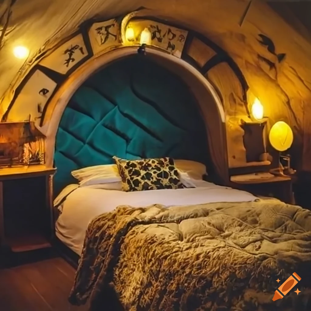 Cozy hobbit bedroom with bright fireflies on Craiyon