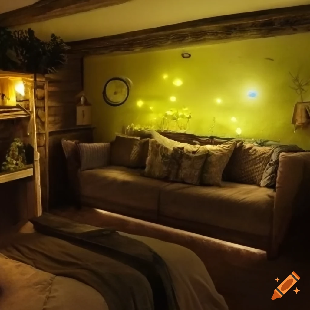 Cozy hobbit bedroom with bright fireflies on Craiyon