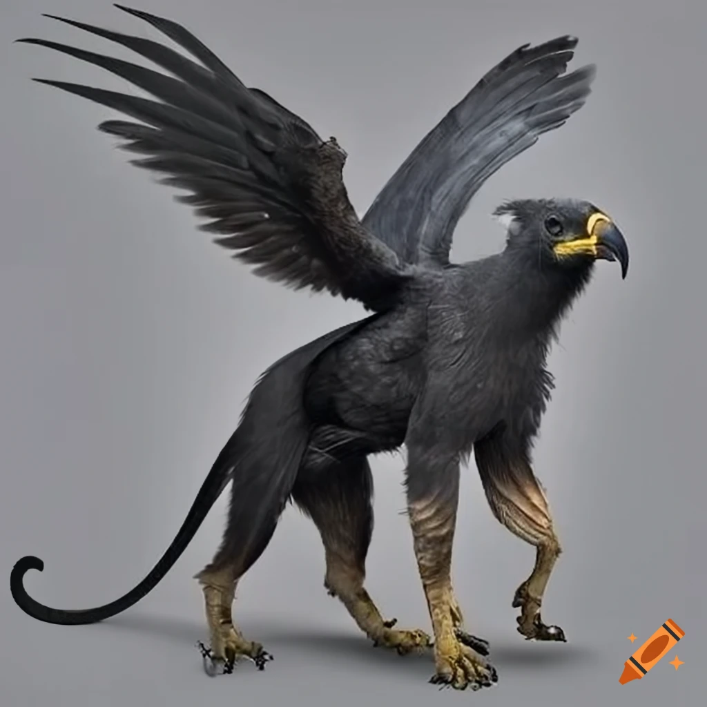 Realistic fierce Griffin with a black crow head and panther body on Craiyon