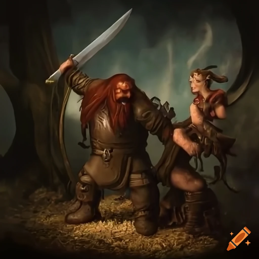 Dwarf and elf sword fight in an epic fantasy scene with high contrast lighting on Craiyon