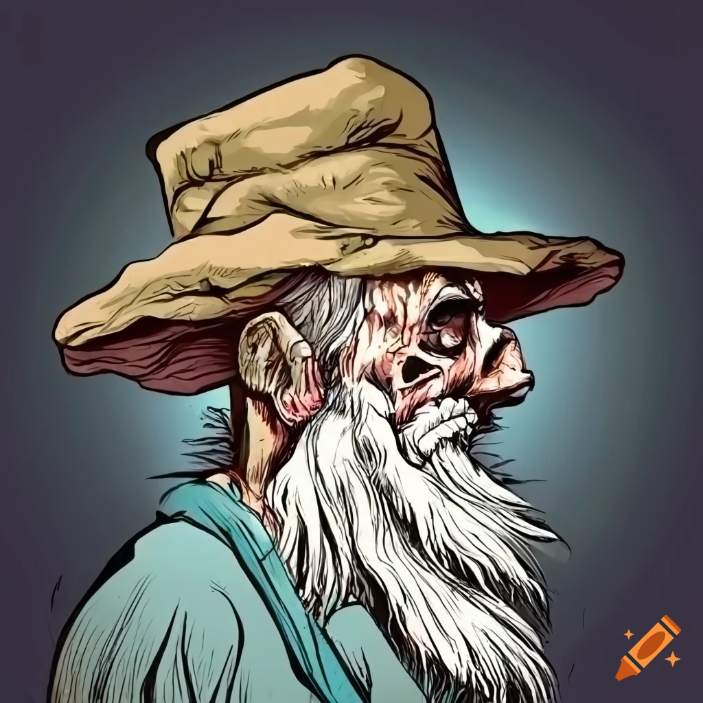 Creepy farmer with glowing eyes and skeleton smile in 1960s horror ...