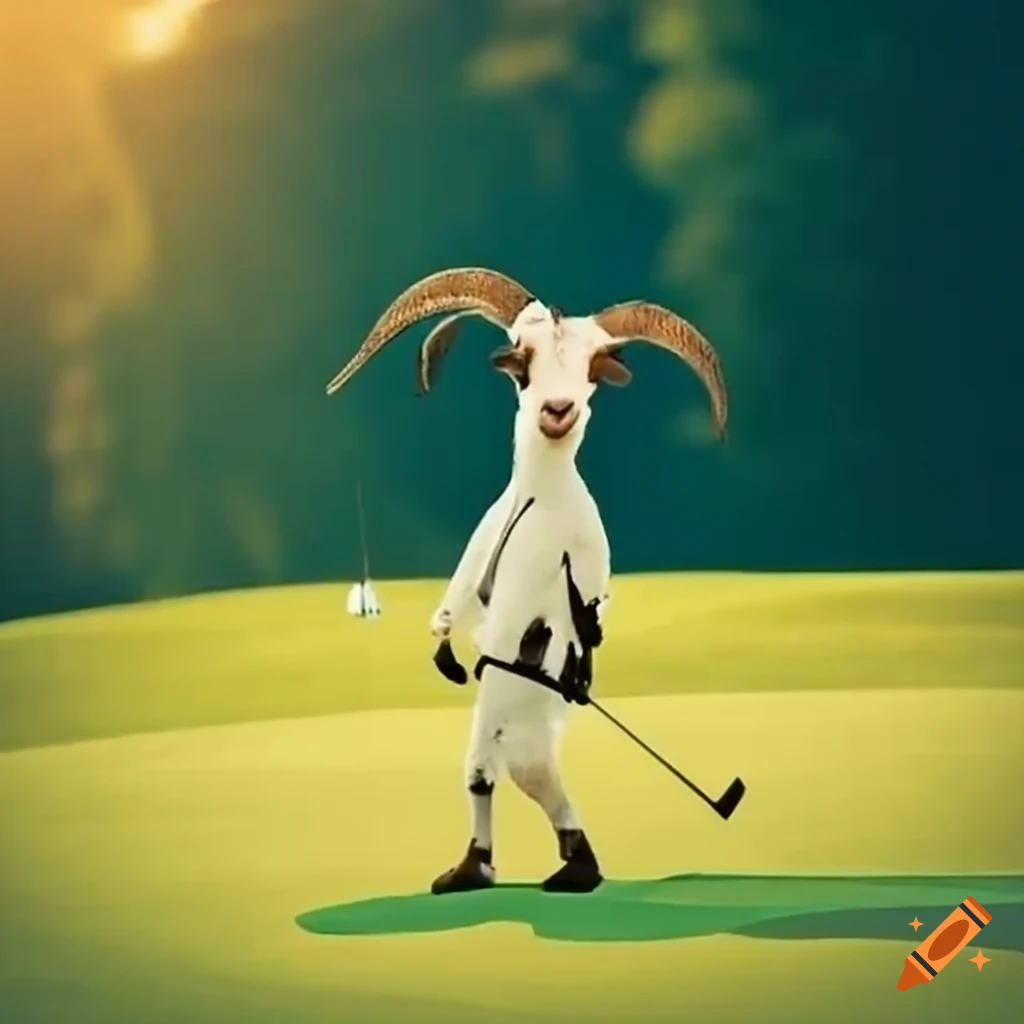 Golfing enthusiast meeting a goat on the golf course on Craiyon