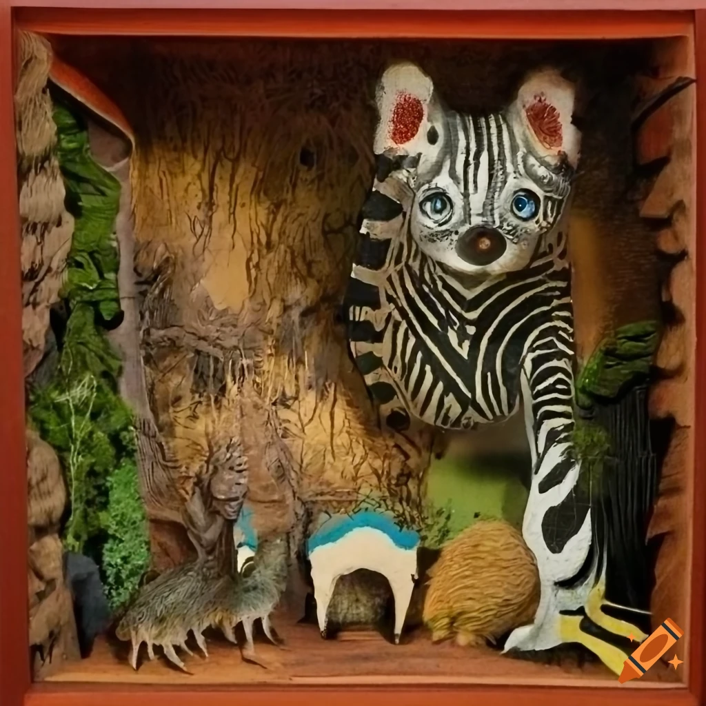 Closeup of joseph cornell inspired magical forest diorama with salish motifs on Craiyon