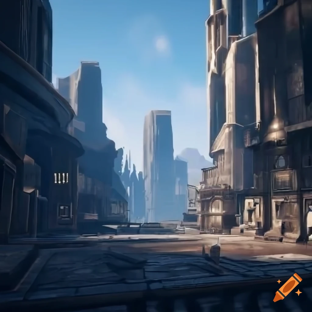 Sci-fi city street with skyscrapers, river, and bridge under a blue sky ...