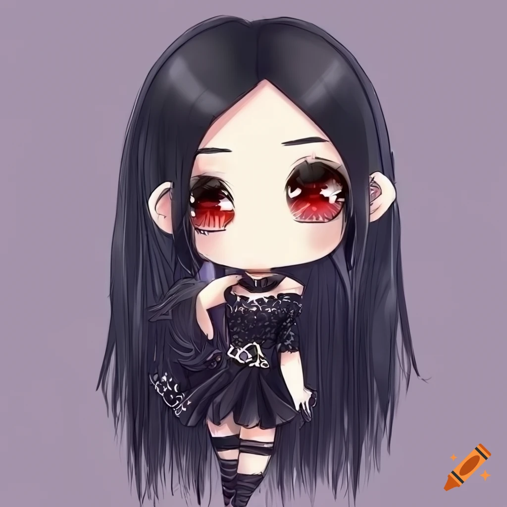 Cute chibi goth girl with long black hair on Craiyon