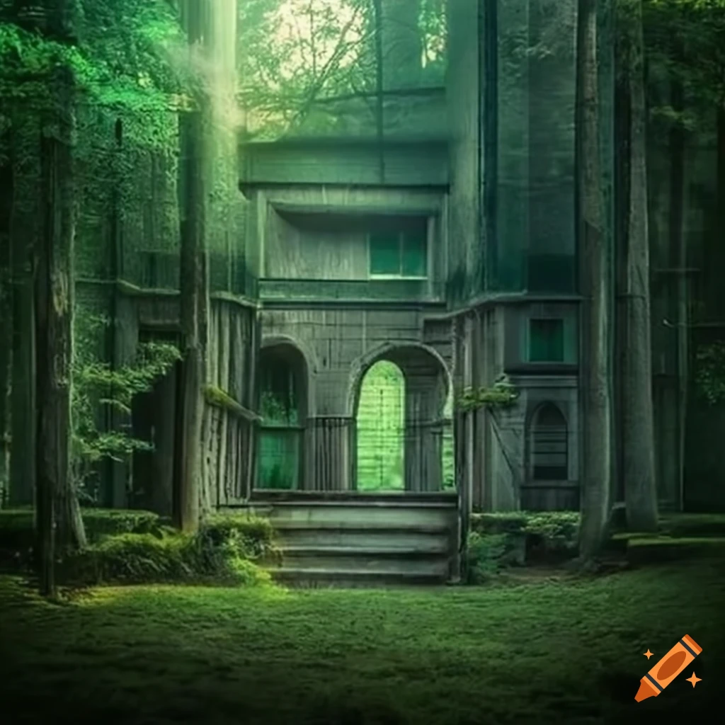 Huge old building integrated into a forest in bright midday light on ...