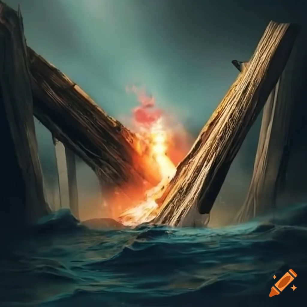 Collapsing bridge exploding into river below with splinters of wood on ...