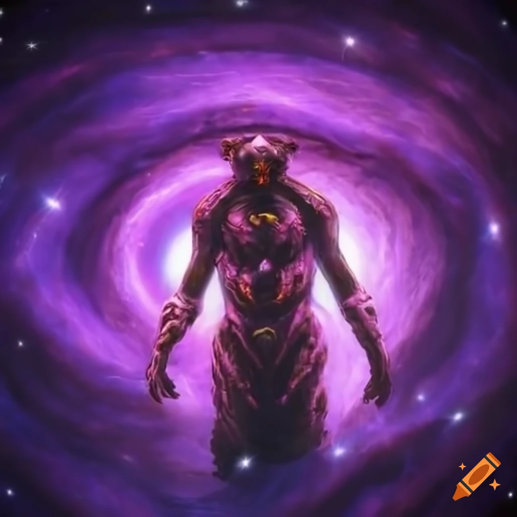 Giant demonic space god amidst swirling purple galaxies on Craiyon