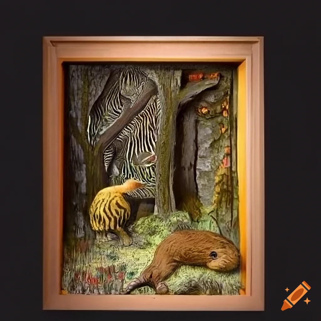 Joseph cornell diorama inspired by salish motifs and designs with diverse wildlife and flora on ...