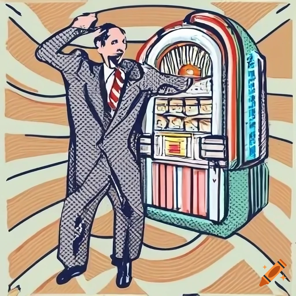 Male doctor dancing around a vintage jukebox in retro scene on Craiyon