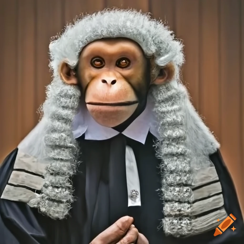 Monkey in British high court judge attire with wood panelled background ...