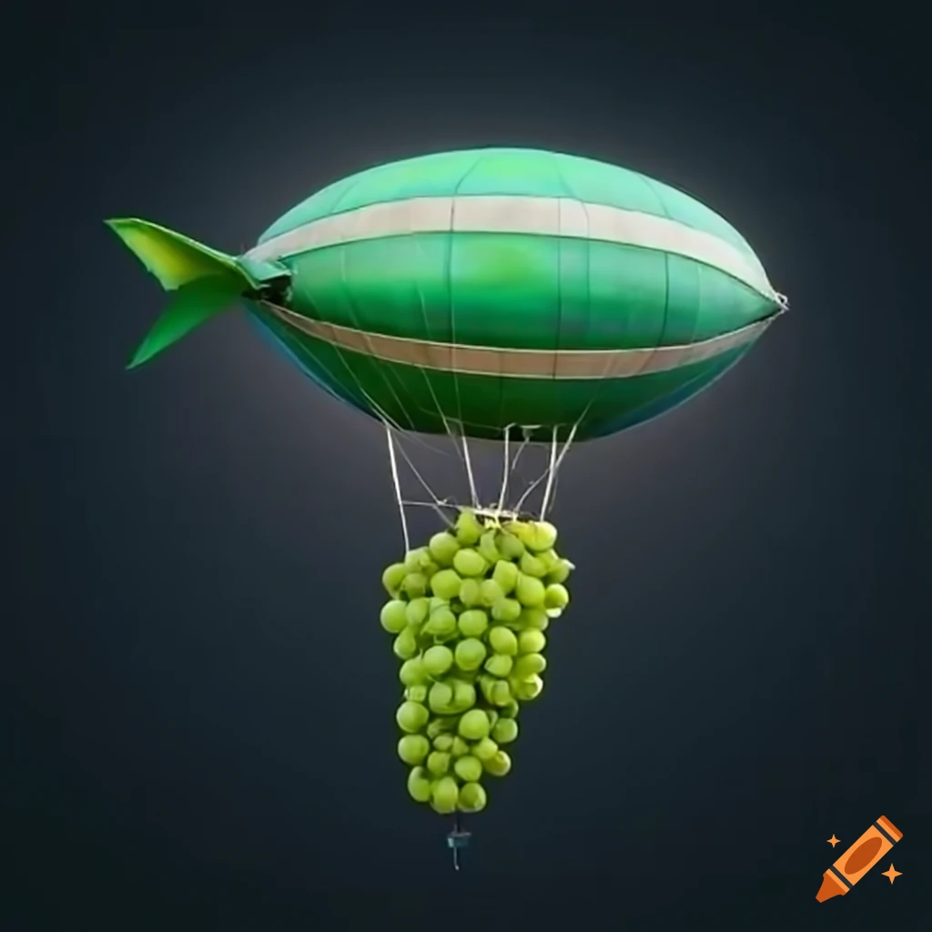 Airship carrying green grapes with falling grapes on Craiyon