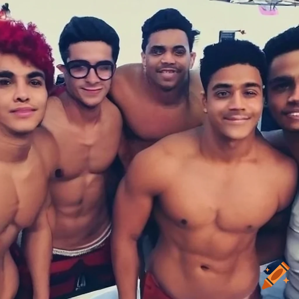 Group of buff men taking a selfie at a college party on Craiyon