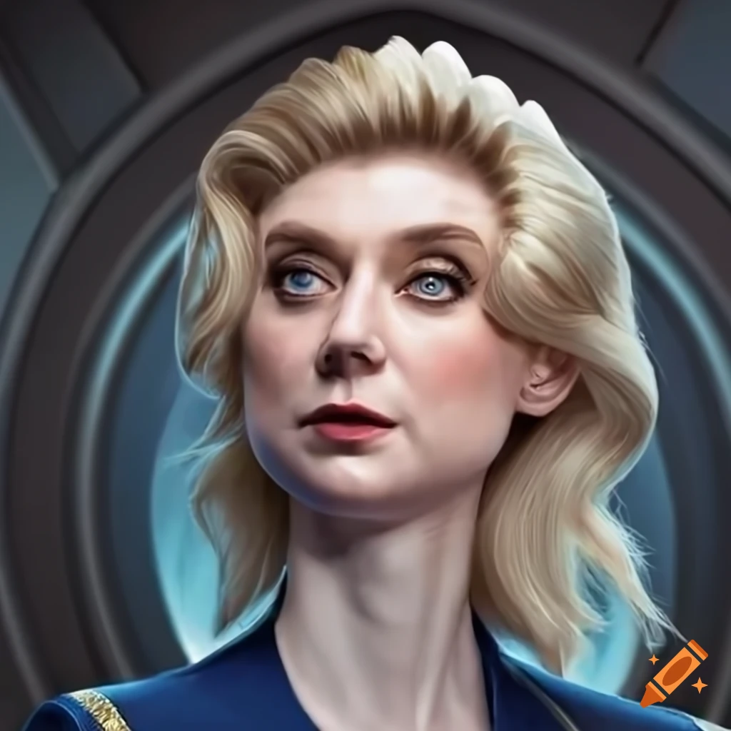 Actress as evil queen in star trek style speaking to galactic senate in ...